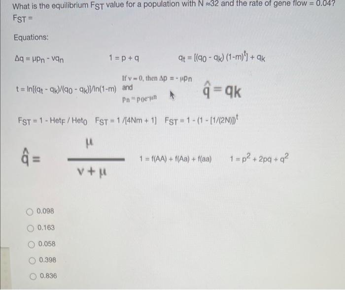 Solved What is the equilibrium Fst value for a population | Chegg.com