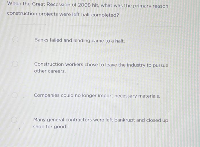 Solved When the Great Recession of 2008 hit, what was the | Chegg.com