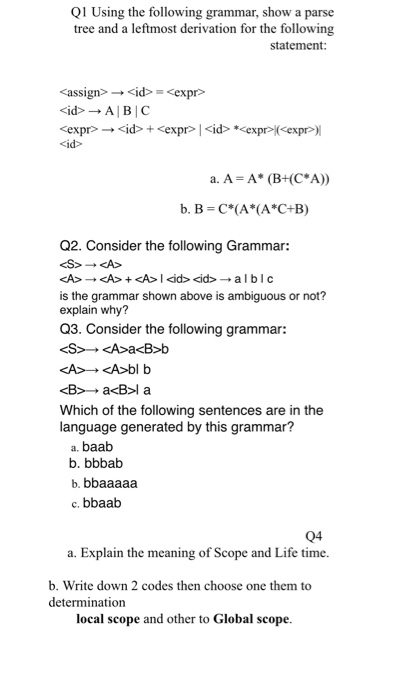 Solved Q1 Using the following grammar, show a parse tree and | Chegg.com