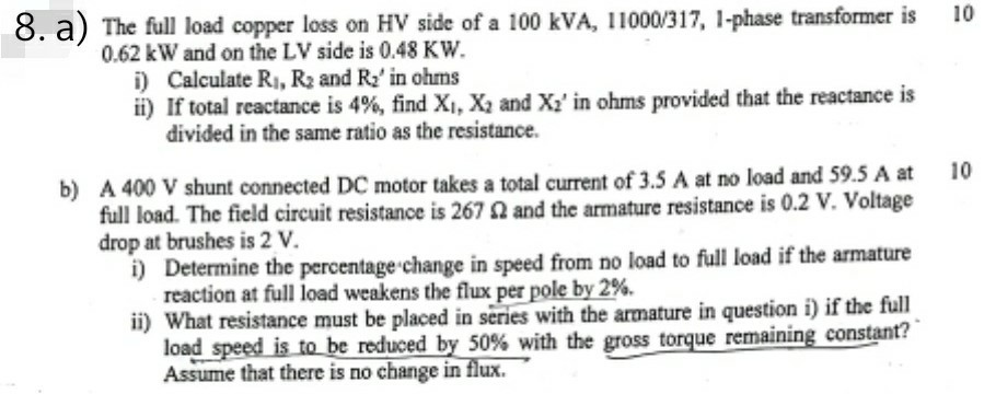 Solved 10 8. a) The full load copper loss on HV side of a | Chegg.com