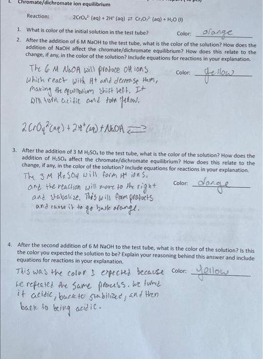 Solved Chromate/dichromate ion equilibrium Reaction: | Chegg.com