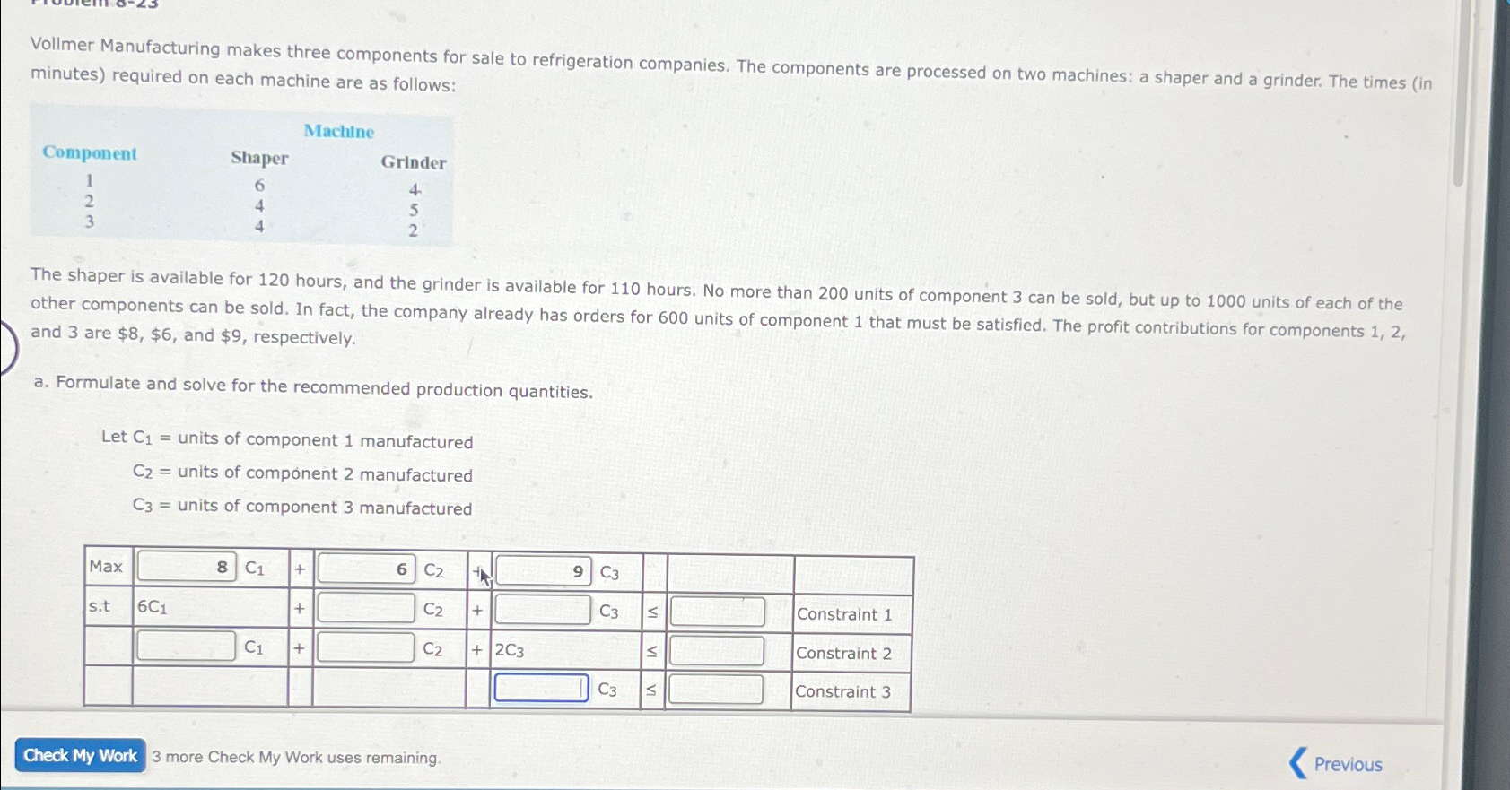 Solved Vollmer Manufacturing makes three components for sale | Chegg.com