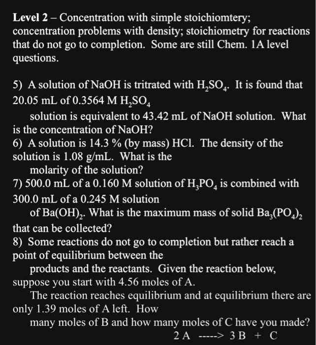 Solved Level 2 - Concentration with simple stoichiomtery; | Chegg.com