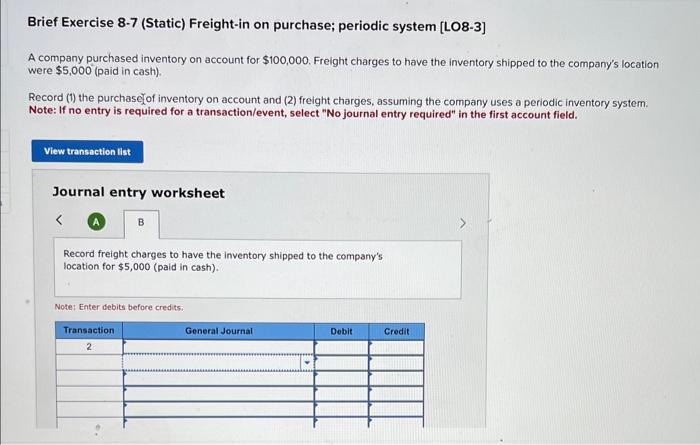 Solved Brief Exercise 8-7 (Static) Freight-in on purchase; | Chegg.com