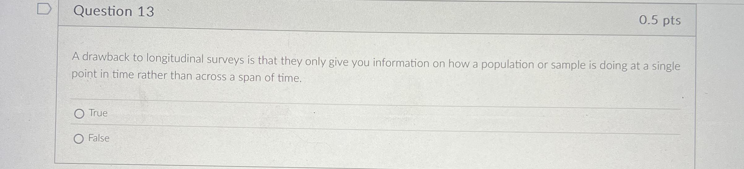 Solved Question 130.5 ﻿ptsA drawback to longitudinal surveys | Chegg.com