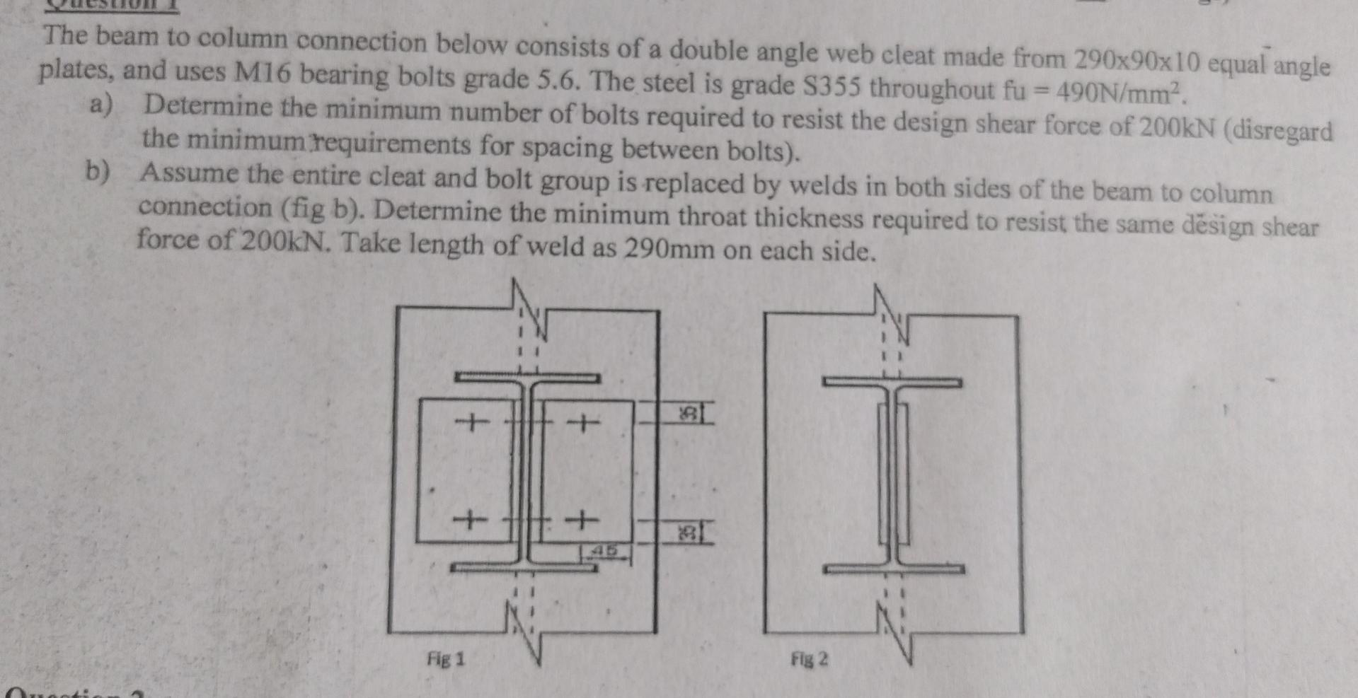 Solved The beam to column connection below consists of a | Chegg.com