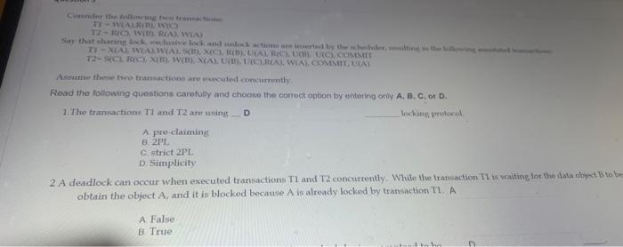 Solved Consider the following two transactions: T1 = | Chegg.com