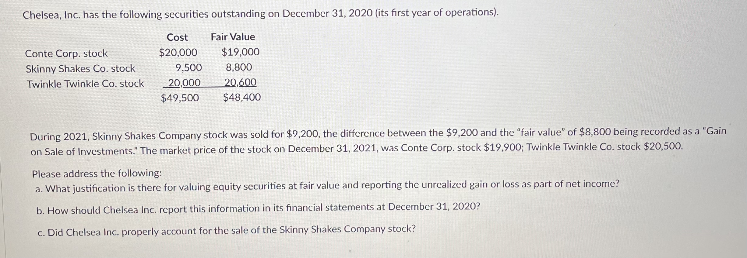 Chelsea, Inc. has the following securities | Chegg.com