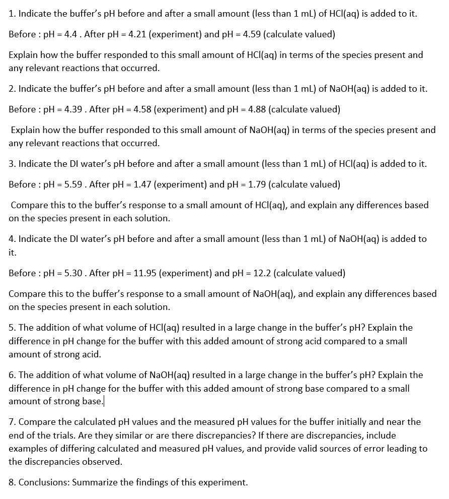 Indicate the buffer's pH ﻿before and after a small | Chegg.com