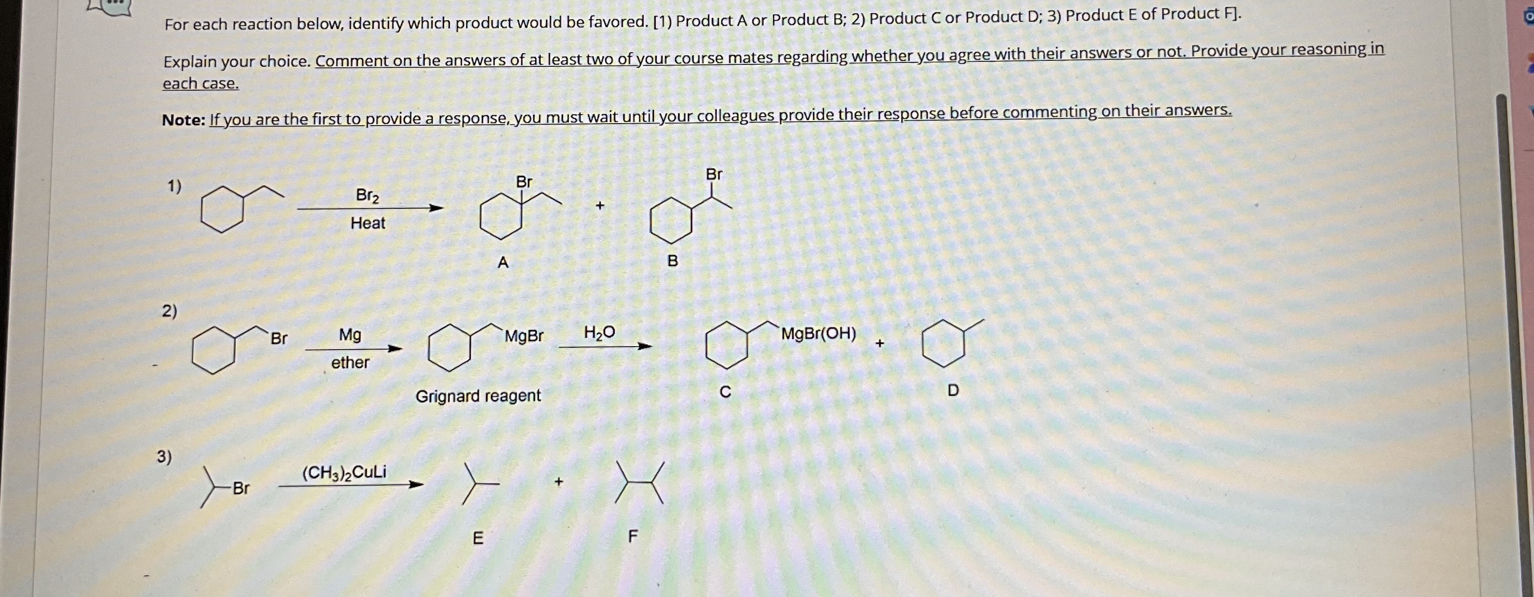 Solved For each reaction below, identify which product would | Chegg.com