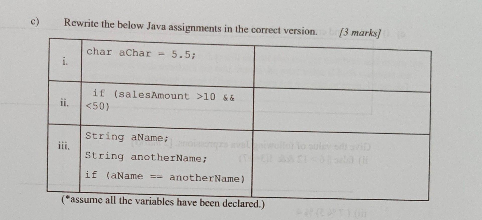 Solved c) Rewrite the below Java assignments in the correct | Chegg.com
