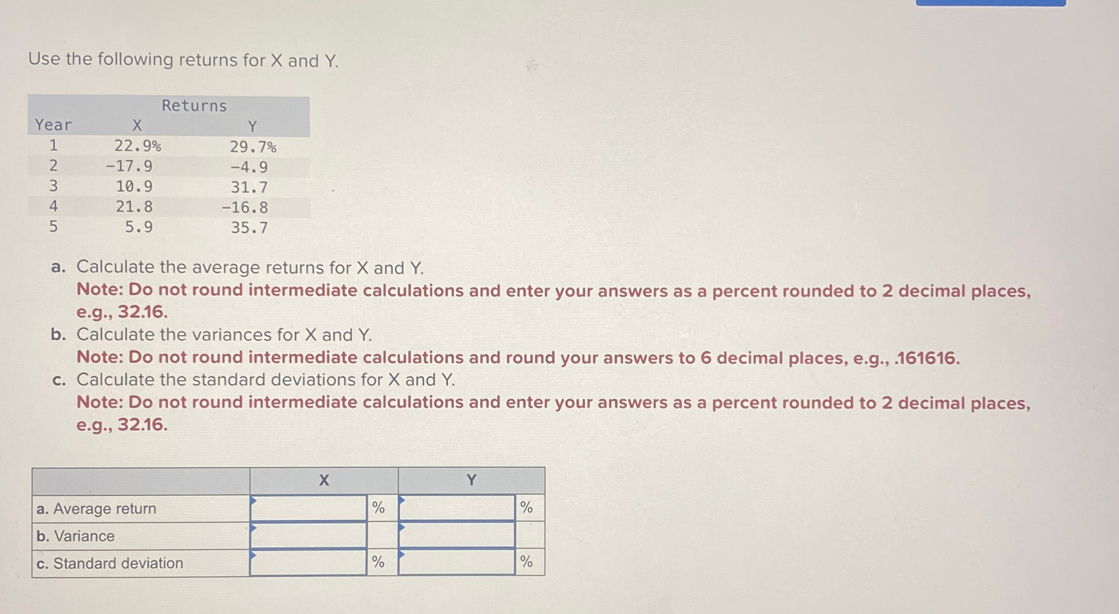 Solved Use the following returns for x ﻿and | Chegg.com