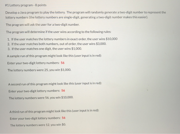 Solved #1 Lottery program - 8 points Develop a Java program | Chegg.com