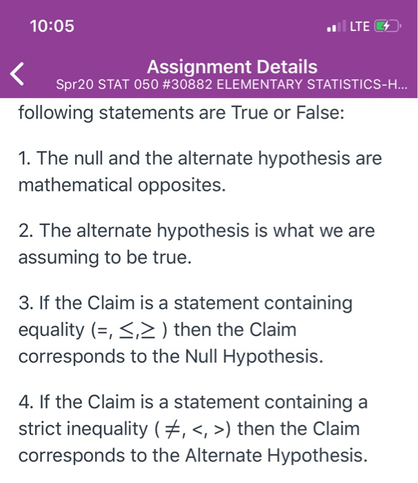 Solved 10:05 | LTE + Assignment Details Spr20 STAT 050 | Chegg.com