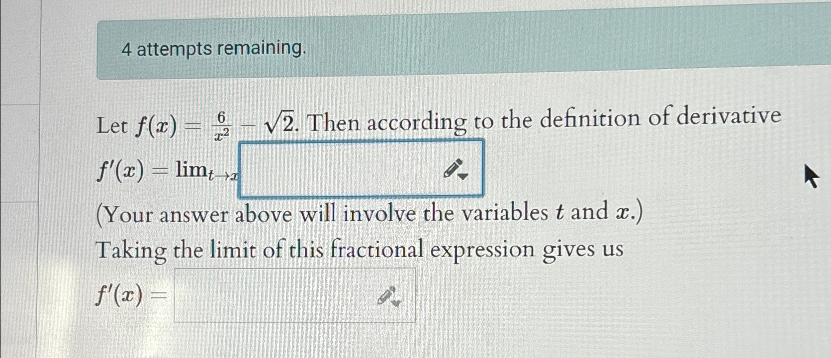 Solved 4 ﻿attempts remaining.Let f(x)=6x2-22. ﻿Then | Chegg.com