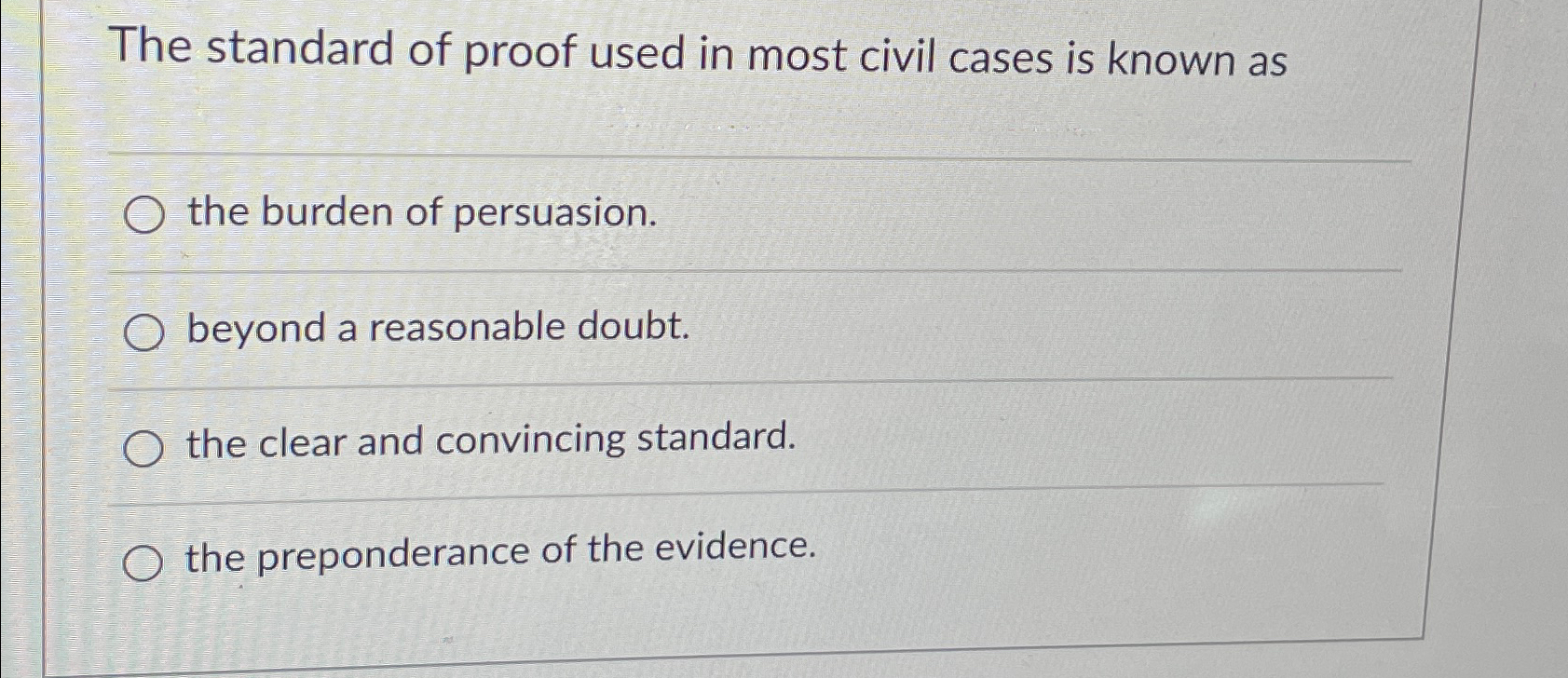 Solved The standard of proof used in most civil cases is | Chegg.com