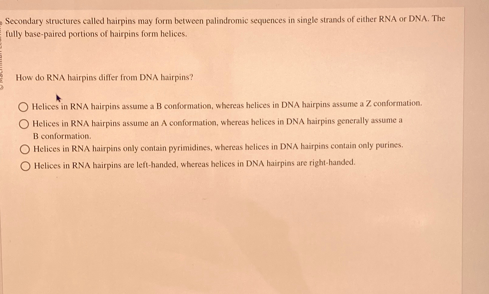 Solved Secondary structures called hairpins may form between | Chegg.com