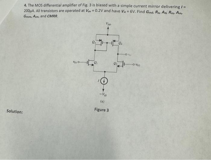 Solved 4. The MOS differential amplifier of Fig. 3 is biased | Chegg.com