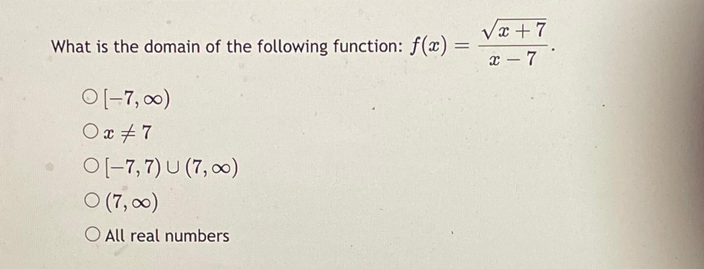 Solved What is the domain of the following function: | Chegg.com