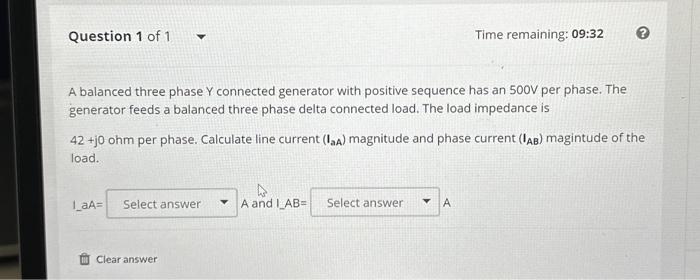 Solved A Balanced Three Phase Y Connected Generator With