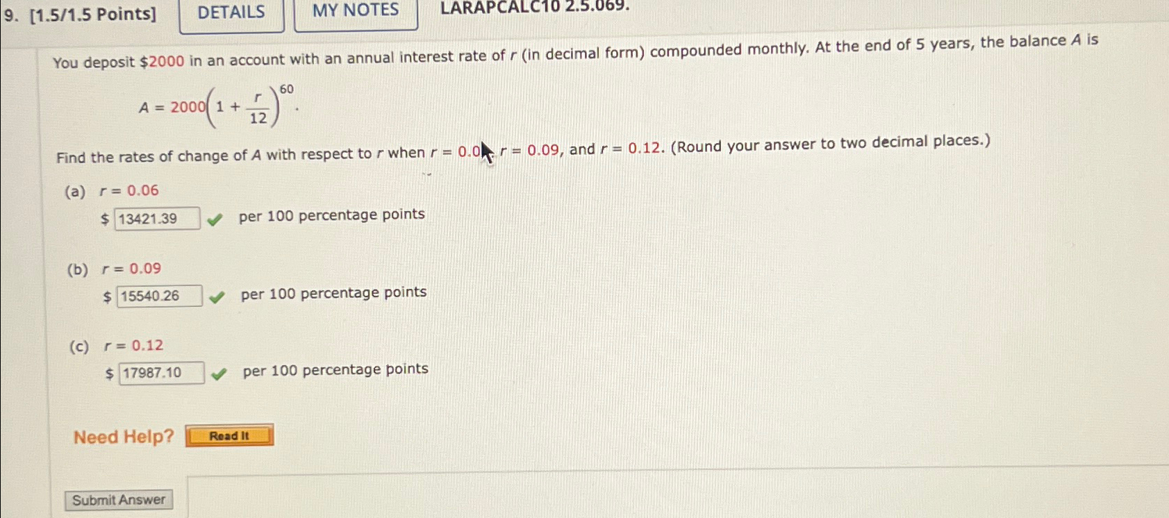 Solved [1.5/1.5 ﻿Points] q,q, ﻿LARAPCALC10 2.5.069.You | Chegg.com