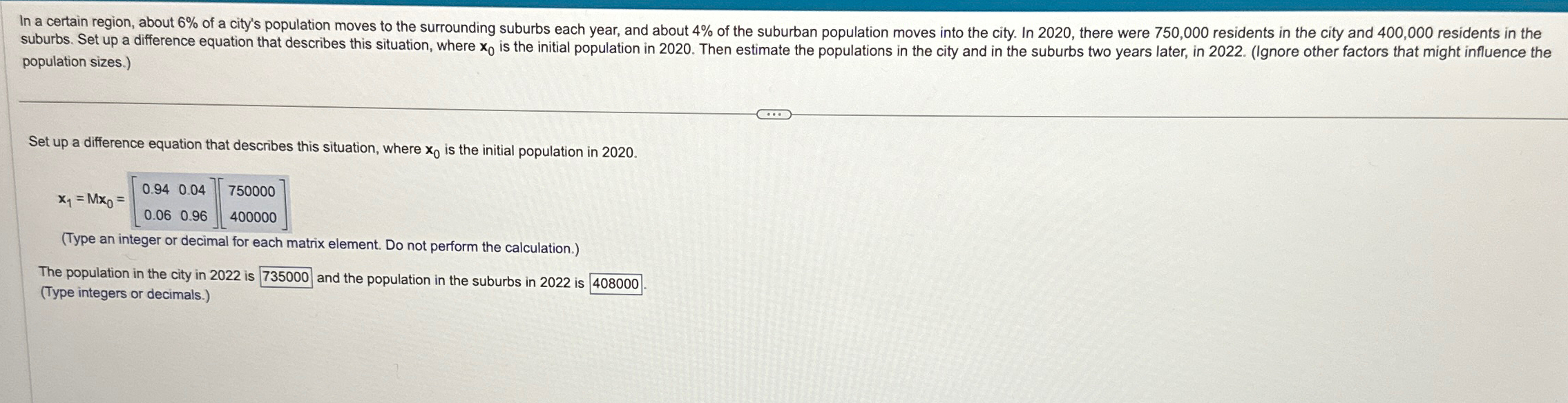 Solved x1=Mx0=[0.940.040.060.96][750000400000] ﻿I got the | Chegg.com