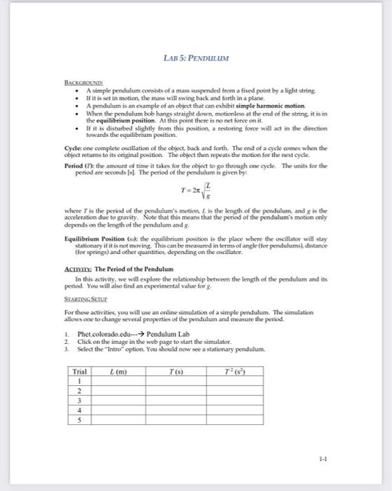 Solved LAB 5: PENDULUM BACKGROUND • A simple pendulum | Chegg.com