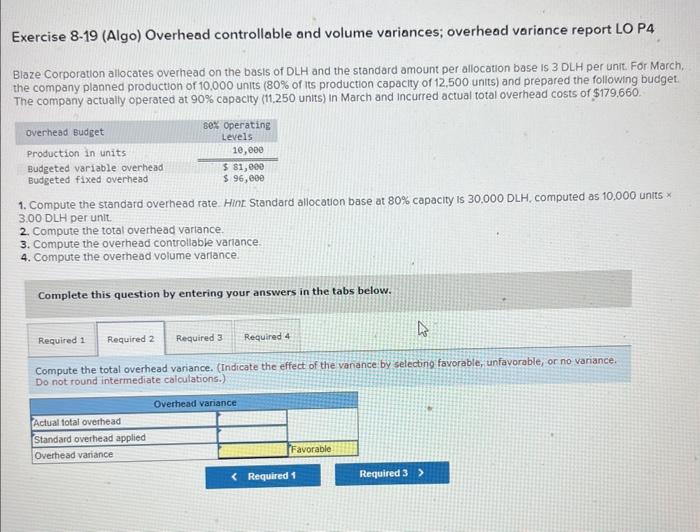 Solved Exercise 8-19 (Algo) Overhead controllable and volume | Chegg.com