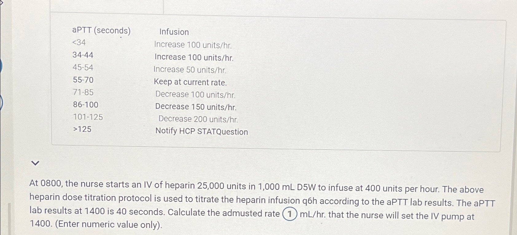 Solved \table[[aPTT (seconds),Infusion],[