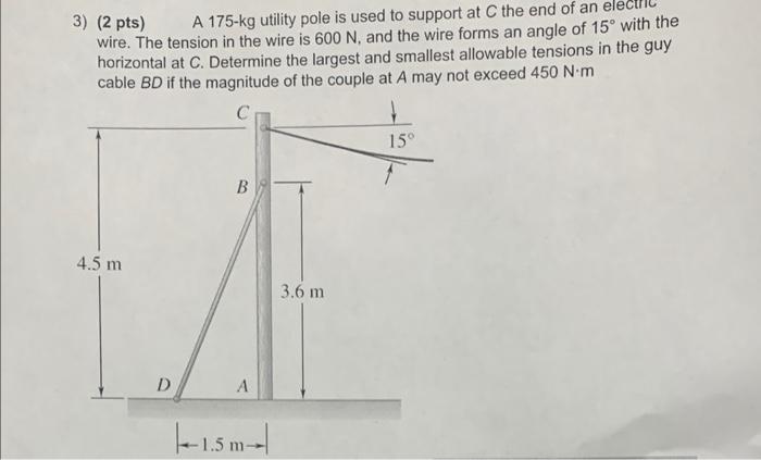 Solved 3) (2 pts) A 175-kg utility pole is used to support | Chegg.com