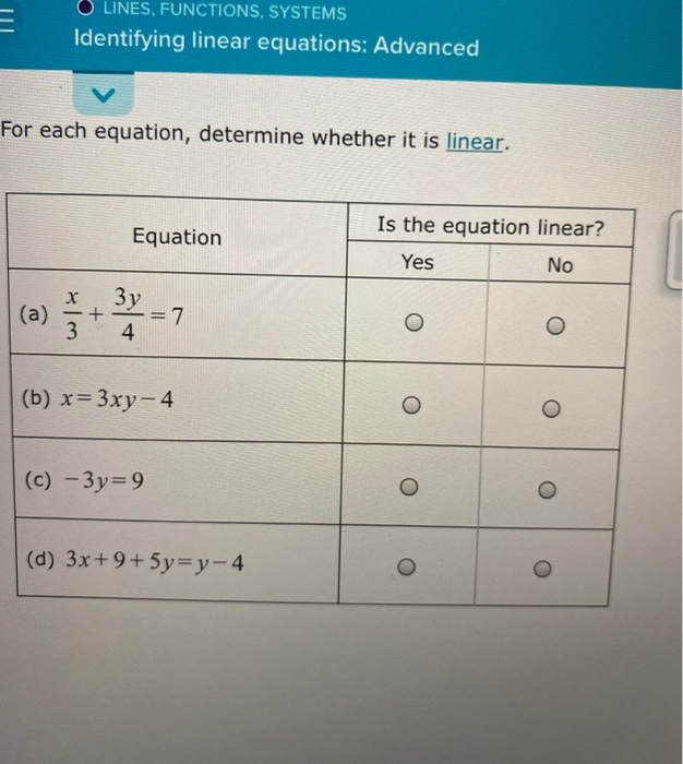 Solved O LINES, FUNCTIONS, SYSTEMS Identifying linear | Chegg.com Solved O LINES, FUNCTIONS, SYSTEMS Identifying linear | Chegg.com