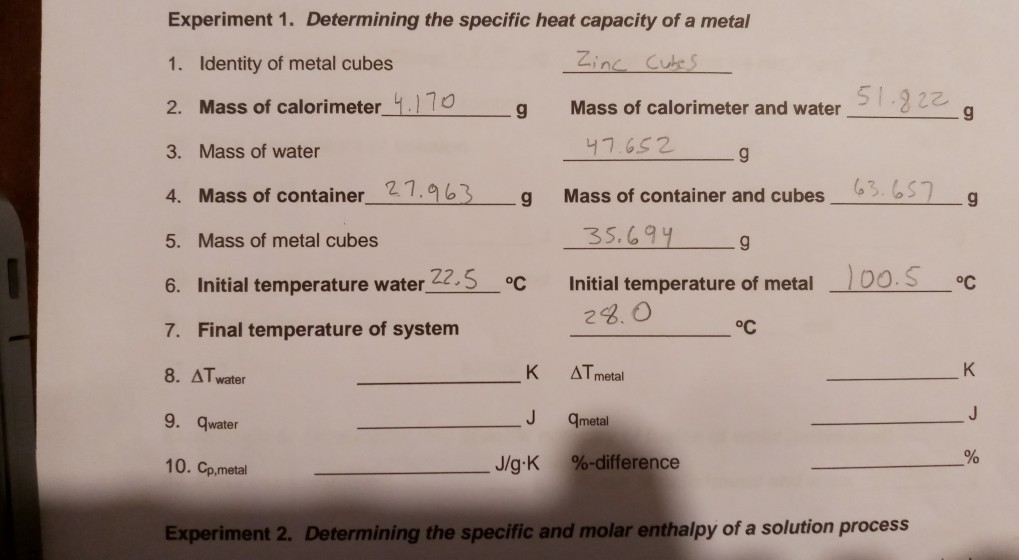 Solved Experiment 1. Determining the specific heat capacity | Chegg.com