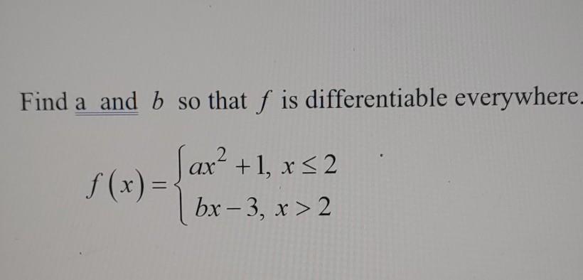 Solved Find a and b so that f is differentiable everywhere- | Chegg.com