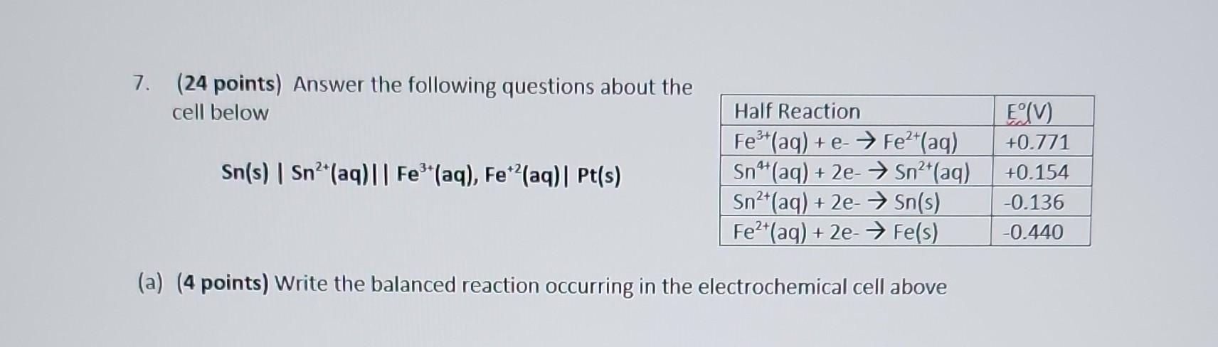Solved (b) (5 points) Calculate the Ecell ∘ for the | Chegg.com