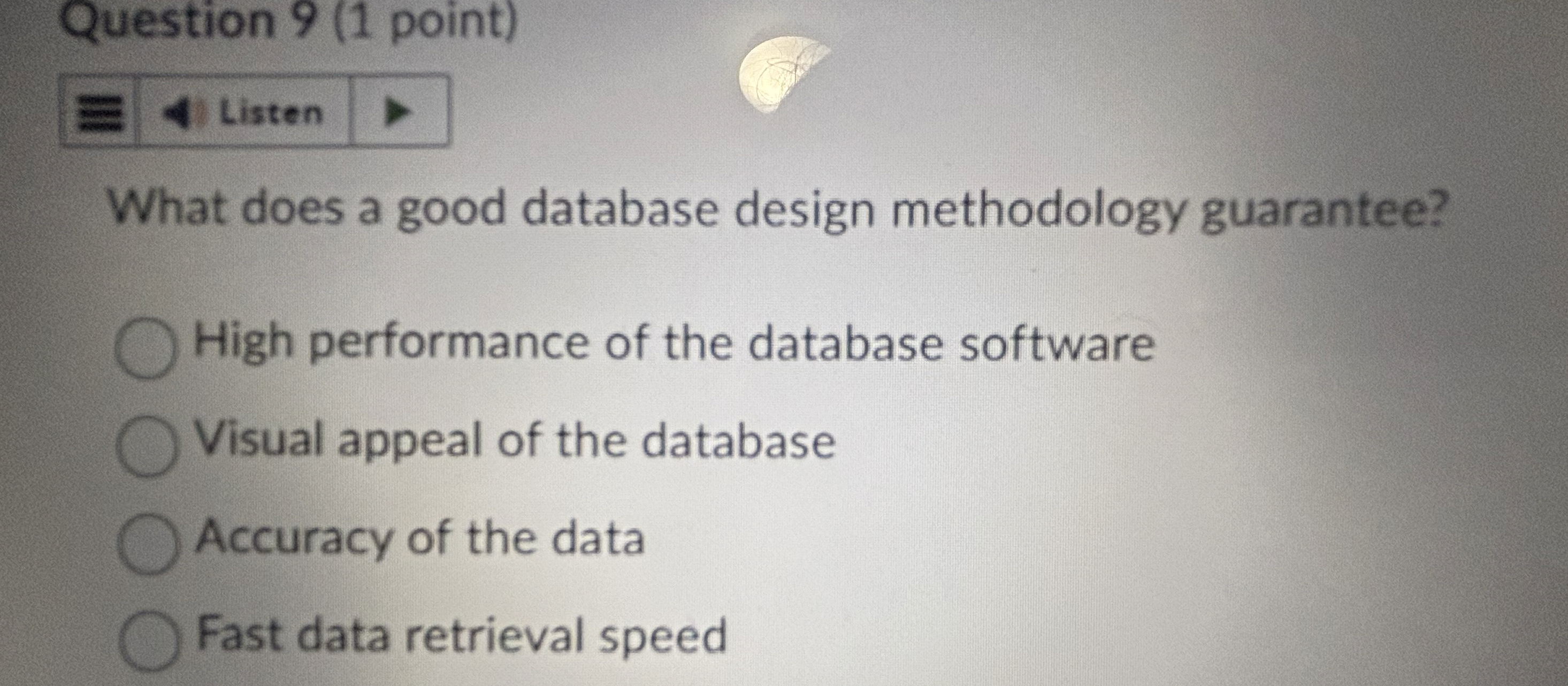 Solved Question 9 (1 ﻿point)What does a good database design | Chegg.com