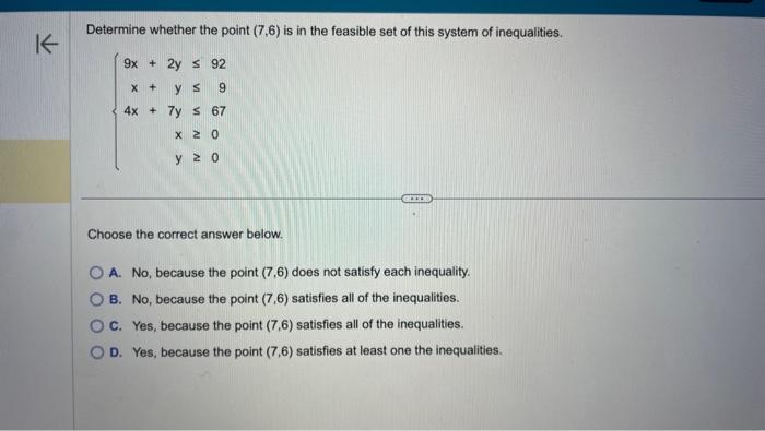 Solved Determine whether the given point is in the feasible | Chegg.com