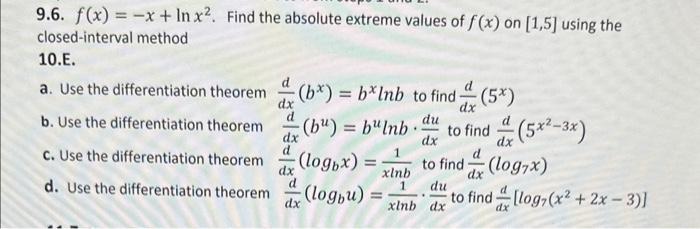 Solved 9.6. f(x)=−x+lnx2. Find the absolute extreme values | Chegg.com