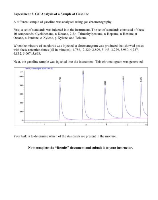 Solved Experiment 2. GC Analysis of a Sample of Gasoline A | Chegg.com