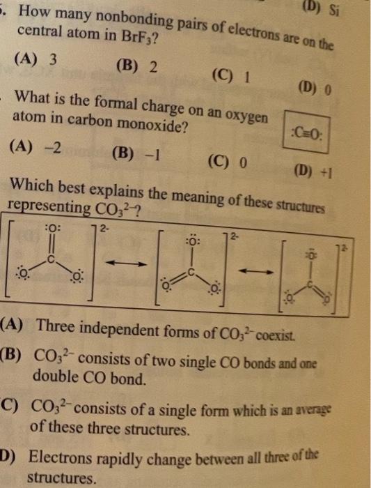 Solved How many nonbonding pairs of electrons are on the | Chegg.com