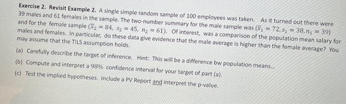 Solved Exercise 2. Revisit Example 2. A single simple random | Chegg.com