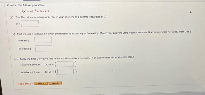 Solved Consider the following function. f(x)=−8x3+24x+3 (a) | Chegg.com
