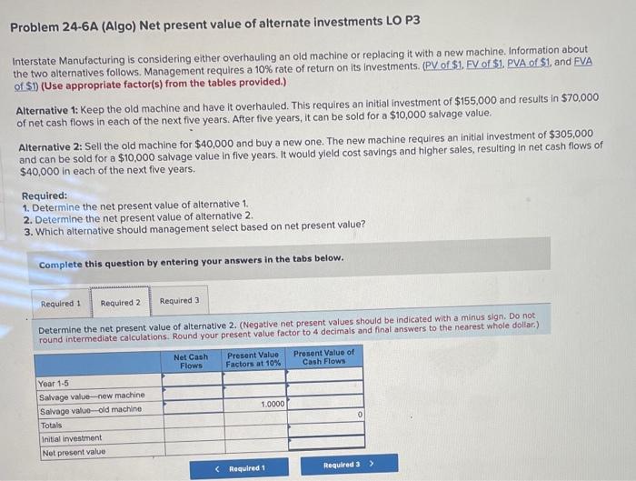 Solved Problem 24-6A (Algo) Net present value of alternate | Chegg.com
