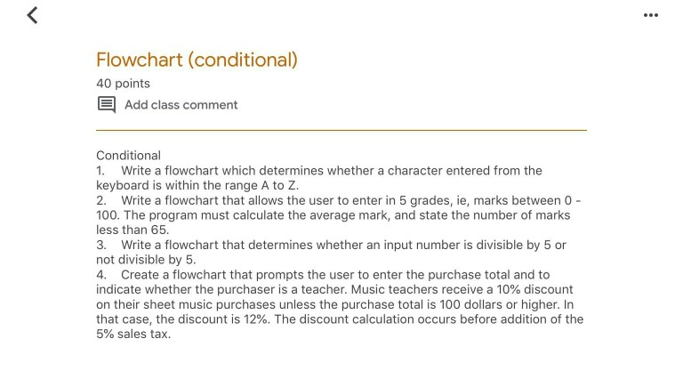 Solved Flowchart (conditional) 40 points E Add class comment | Chegg.com