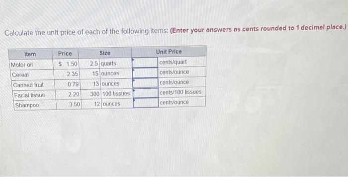 Solved Calculate the unit price of each of the following | Chegg.com