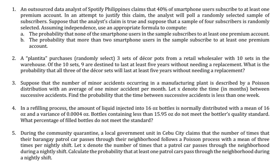 Solved 1 An Outsourced Data Analyst Of Spotify Philippines 1028
