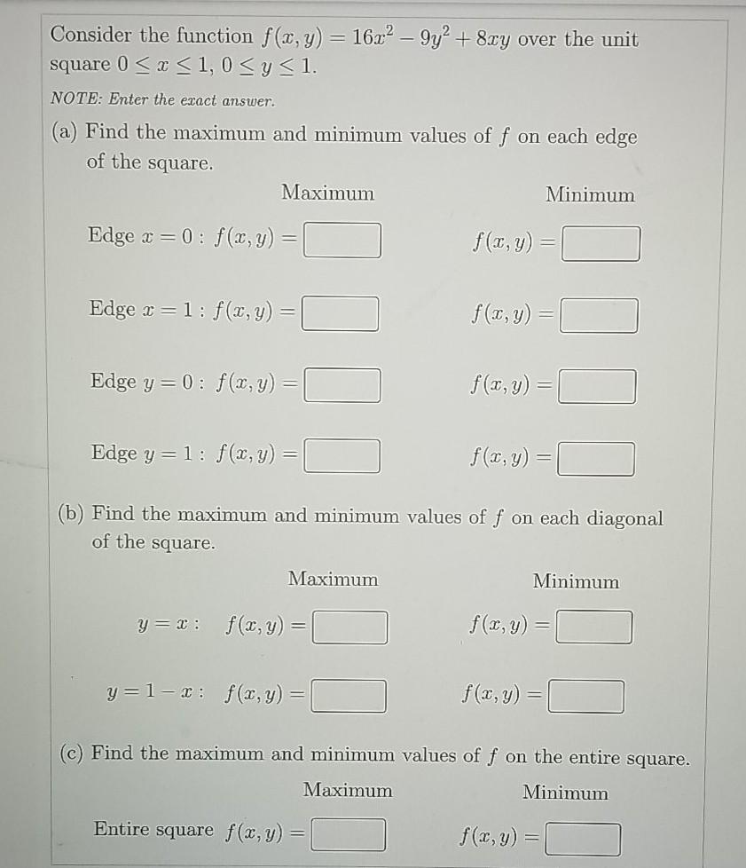 Solved Consider the function f(x, y) = 16x2 – 9y? + 8zy over | Chegg.com