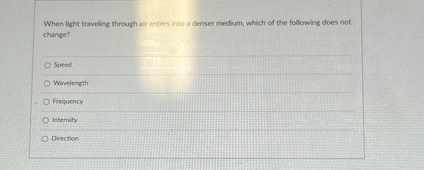 Solved When light traveling through air enters into a denser | Chegg.com
