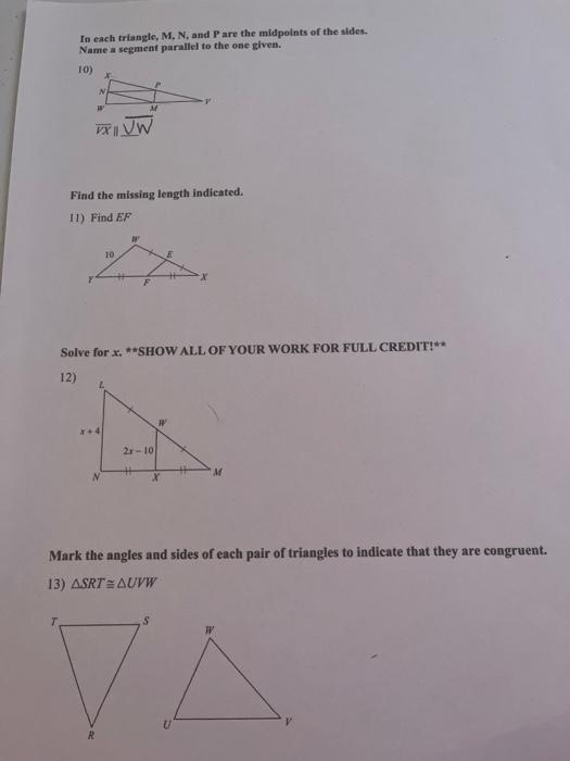 Solved In each triangle, M. N. and Pare the midpoints of the | Chegg.com