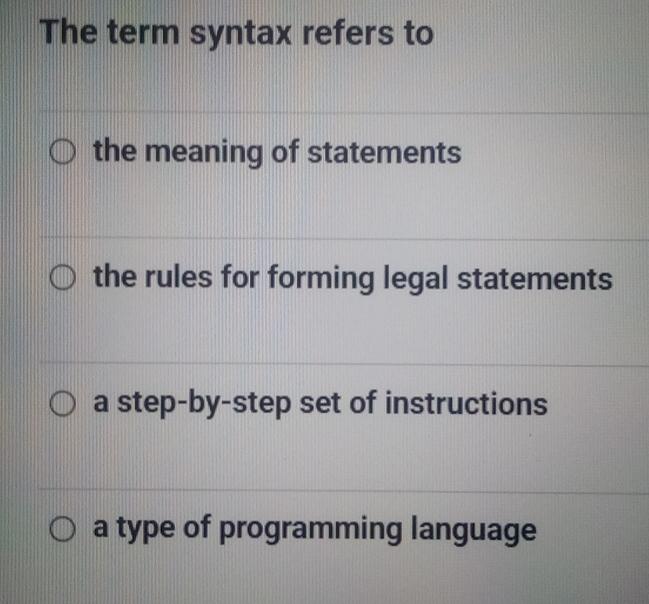 Solved The term syntax refers tothe meaning of statementsthe | Chegg.com