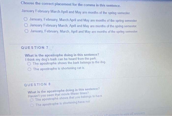 QUESTION 5 Choose the correct placement for the comma | Chegg.com